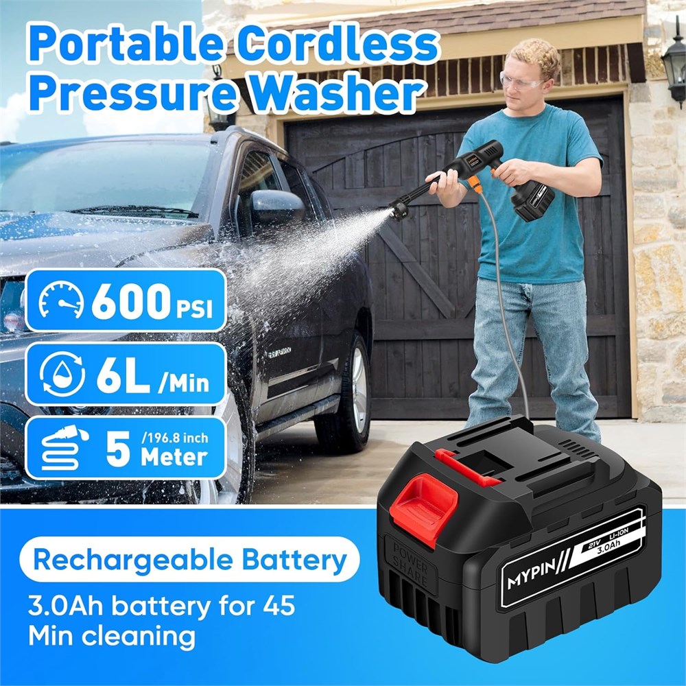 BidBid - Portable Cordless Pressure Washer, 600 PSI, 3.0Ah Rechargeable ...